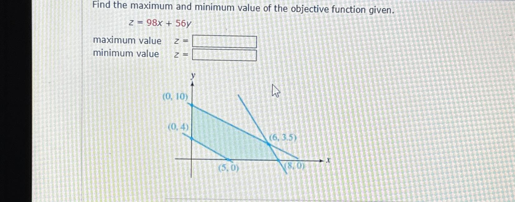 Solved Find the maximum and minimum value of the objective | Chegg.com