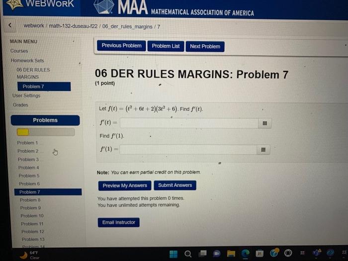 Solved 06 DER RULES MARGINS: Problem 7 (1 point) Let | Chegg.com