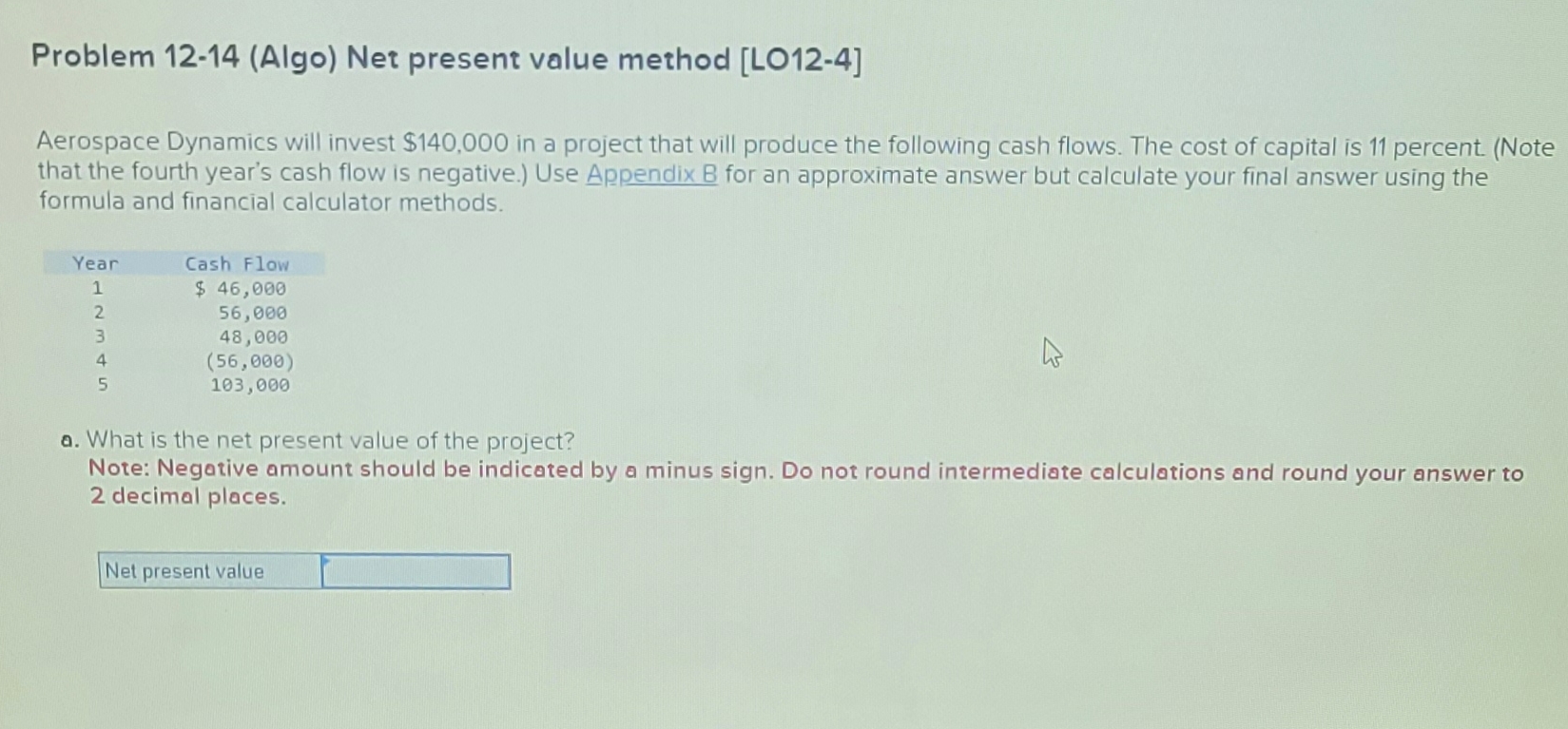 Problem 12-14 (Algo) ﻿Net present value method | Chegg.com