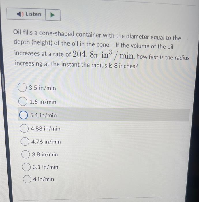 Solved Oil fills a cone-shaped container with the diameter | Chegg.com