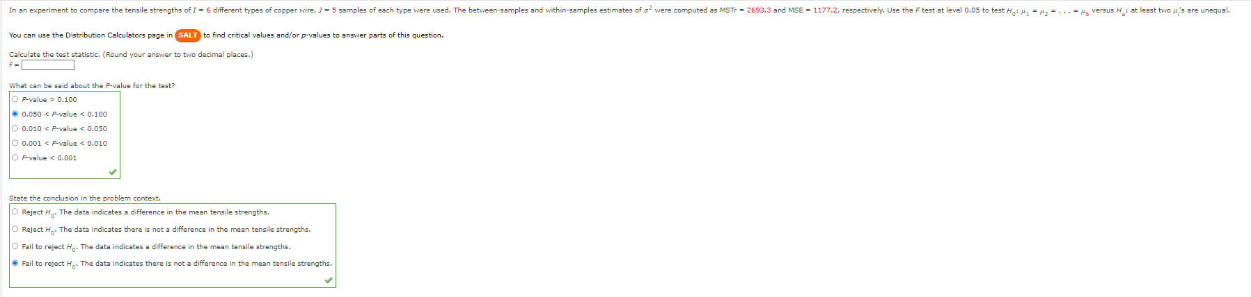 Solved You can use the Distribution Calculators page in SALT | Chegg.com