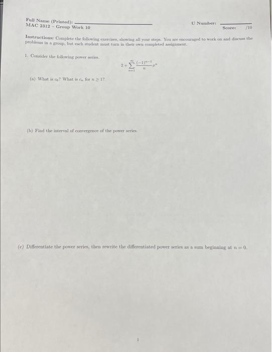 Solved Full Name (Printed) MAC 2312 Group Work 10 U Number | Chegg.com