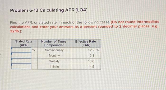 Solved Problem 6-13 Calculating APR (LO4) Find the APR, or | Chegg.com