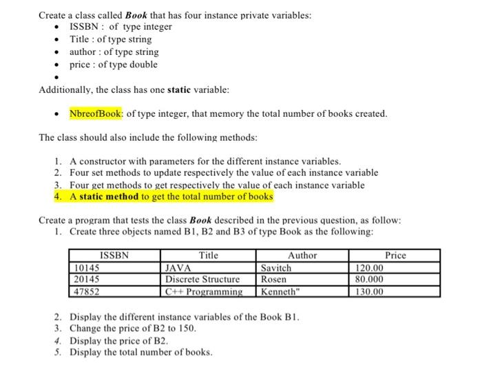Solved Create a class called Book that has four instance | Chegg.com