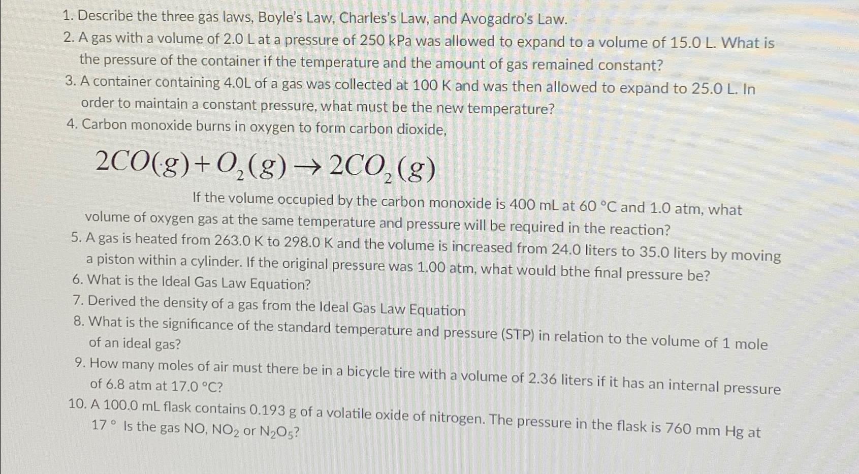 Solved Describe the three gas laws, Boyle's Law, Charles's | Chegg.com