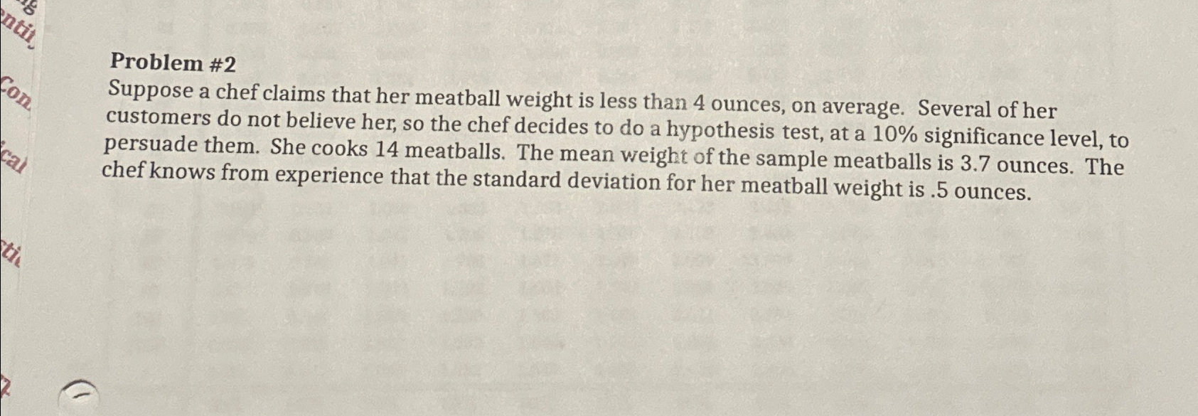 Solved Problem #2Suppose a chef claims that her meatball | Chegg.com