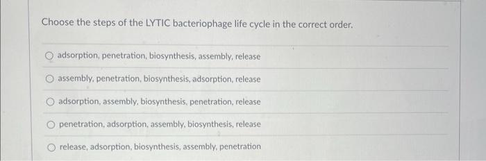 Solved Choose the steps of the LYTIC bacteriophage life | Chegg.com