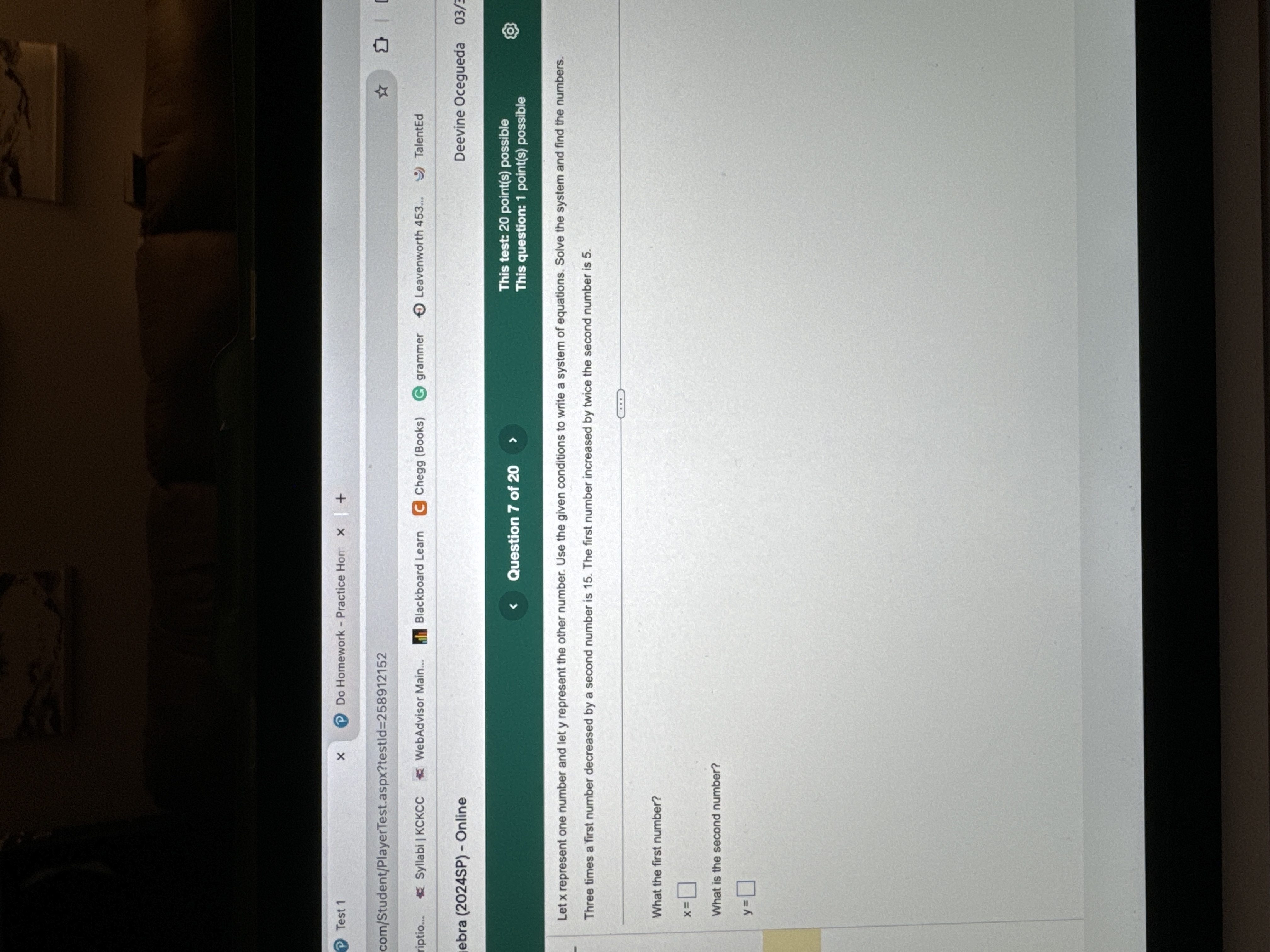 Solved Let x ﻿represent one number and let y ﻿represent the | Chegg.com