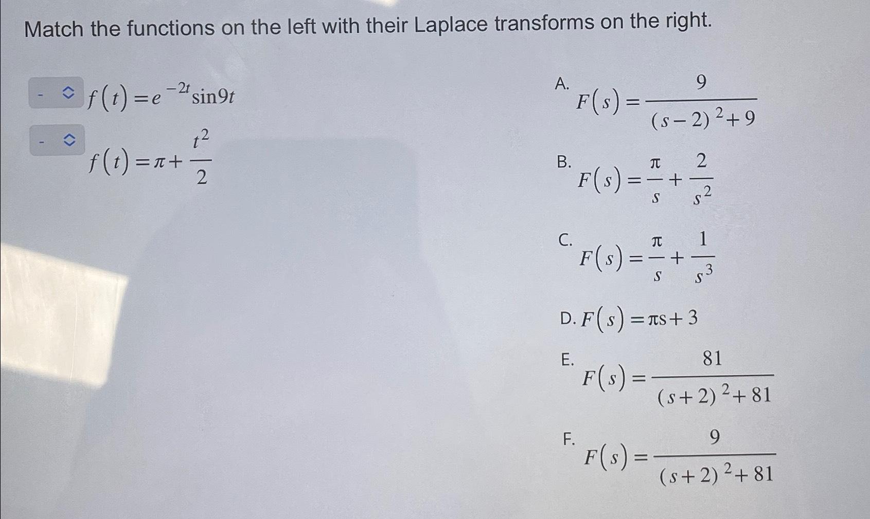 Solved Match the functions on the left with their Laplace | Chegg.com
