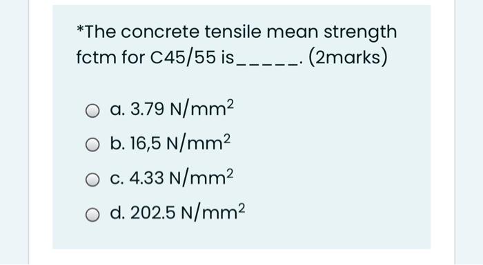 Solved *The concrete tensile mean strength fctm for C45/55 | Chegg.com