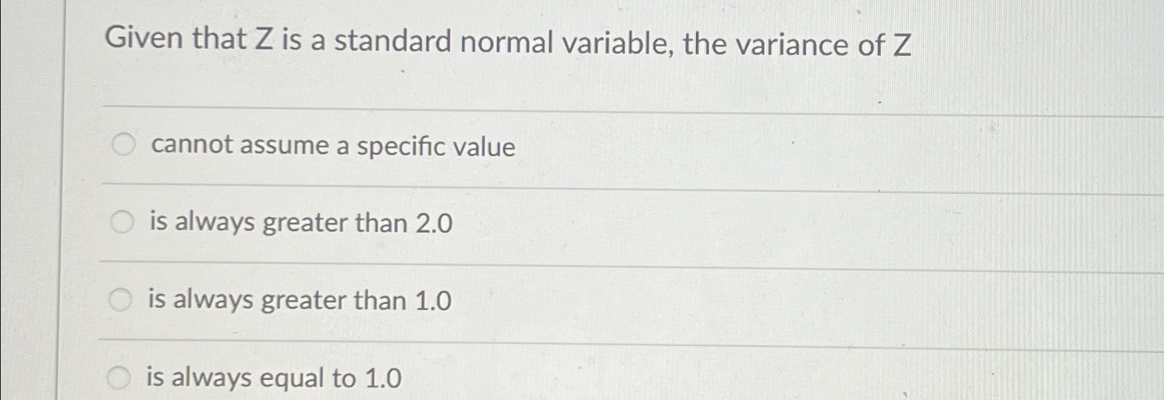Solved Given that Z ﻿is a standard normal variable, the | Chegg.com