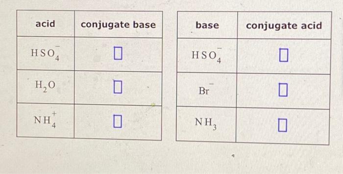Solved acid HSO H₂O + ΝΗ 4 + conjugate base base: HSO 4 -, | Chegg.com