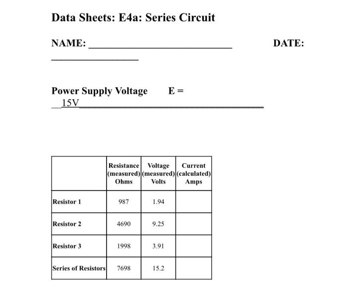 Solved Data Sheets: E4a: Ohms Law NAME: DATE: | Chegg.com