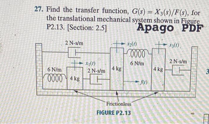 Solved 27. Find the transfer function, G(s)=X3(s)/F(s), for | Chegg.com