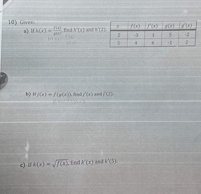Solved a) If h(x)=g(x)′f(x), find h′(x) and h′(2). | Chegg.com