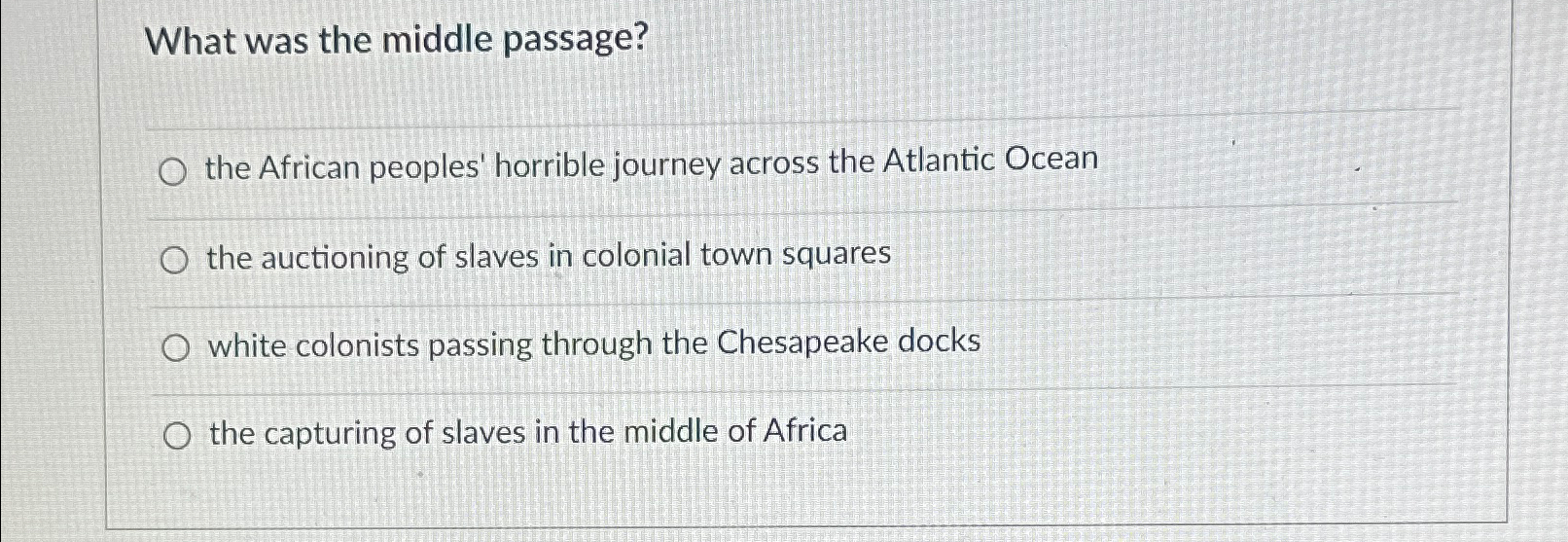 Solved What was the middle passage?the African peoples' | Chegg.com