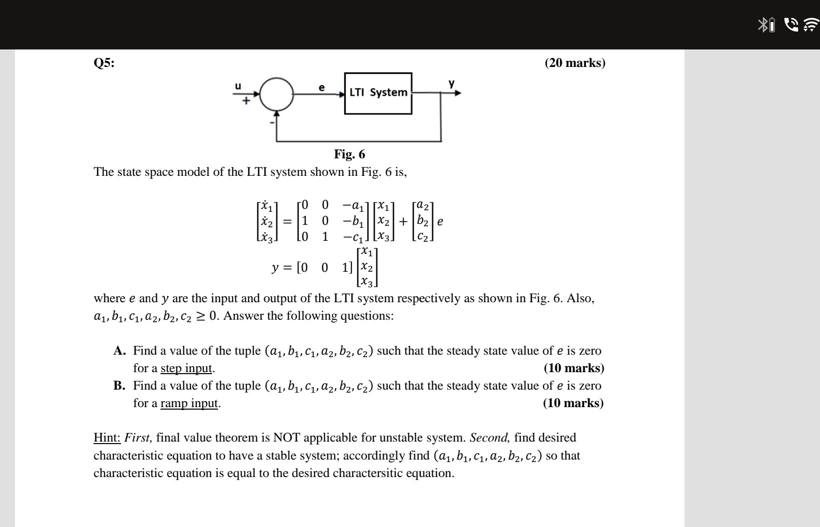 Solved Q5:(20 ﻿marks)The state space model of the LTI system | Chegg.com