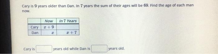 Cary is 9 years older than Dan. In 7 years the sum of | Chegg.com