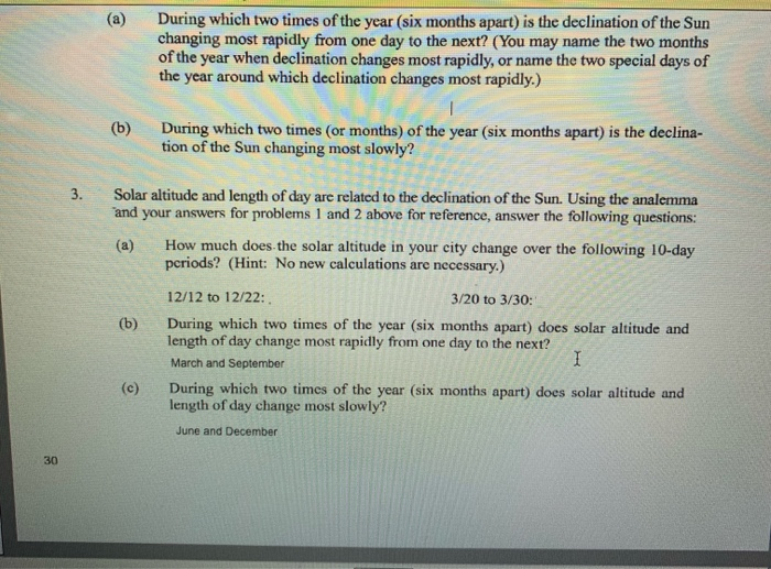 Solved PROBLEMSPART II Using the analemma, answer the | Chegg.com
