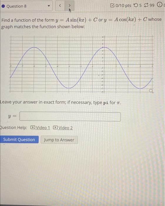 Solved Find a function of the form y = A sin(kx) + C or y = | Chegg.com