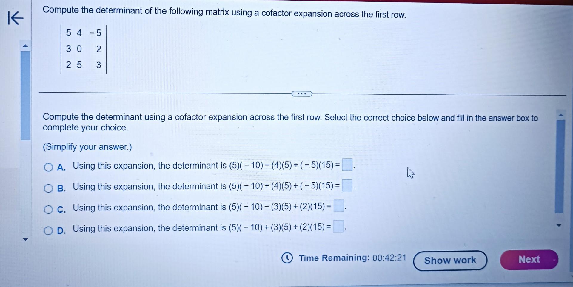 Solved Compute the determinant of the following matrix using | Chegg.com