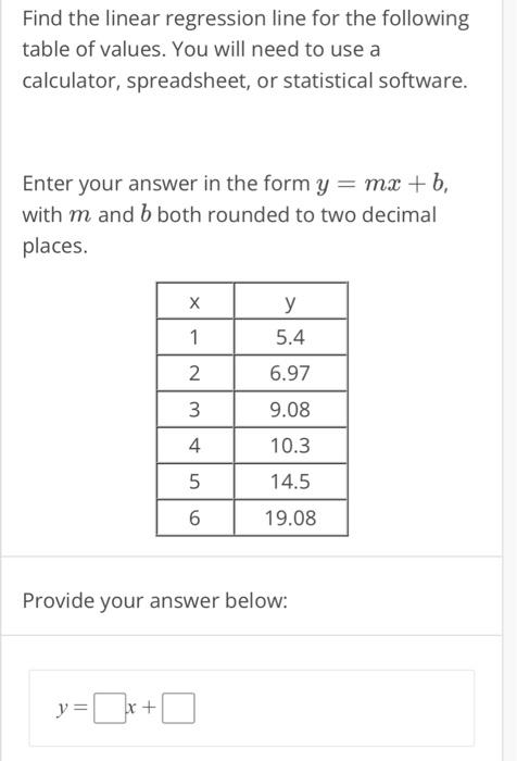 Solved Find the linear regression line for the following | Chegg.com