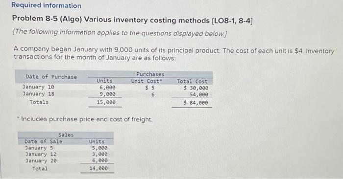 Solved Problem 8-5 (Algo) Various inventory costing methods | Chegg.com