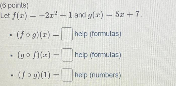 Solved et f(x)=−2x2+1 and g(x)=5x+7 (f∘g)(x)= help | Chegg.com