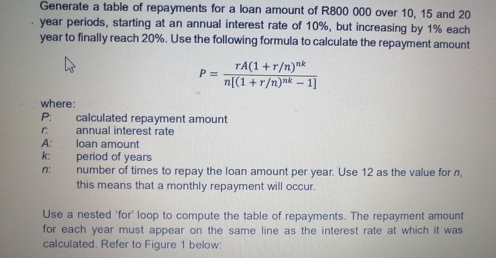 Solved Generate a table of repayments for a loan amount of | Chegg.com