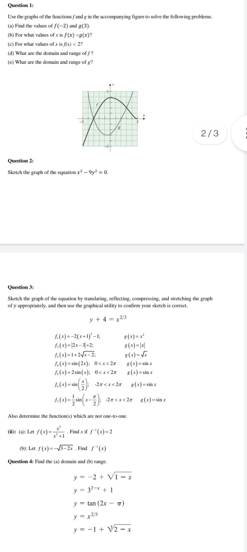 Solved Question 1: Use the graphs of the functions f and g | Chegg.com