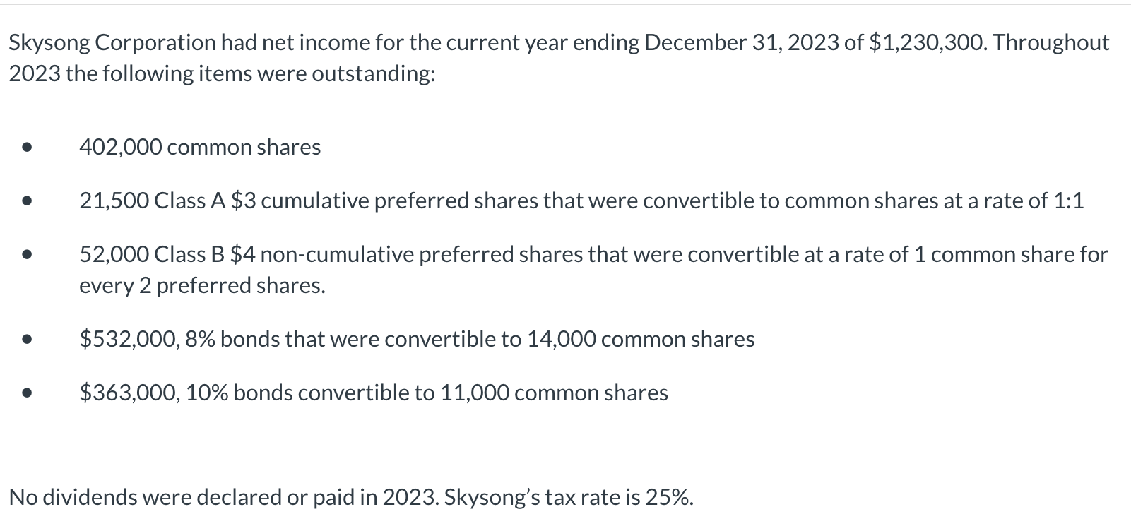Solved Skysong Corporation had net income for the current | Chegg.com