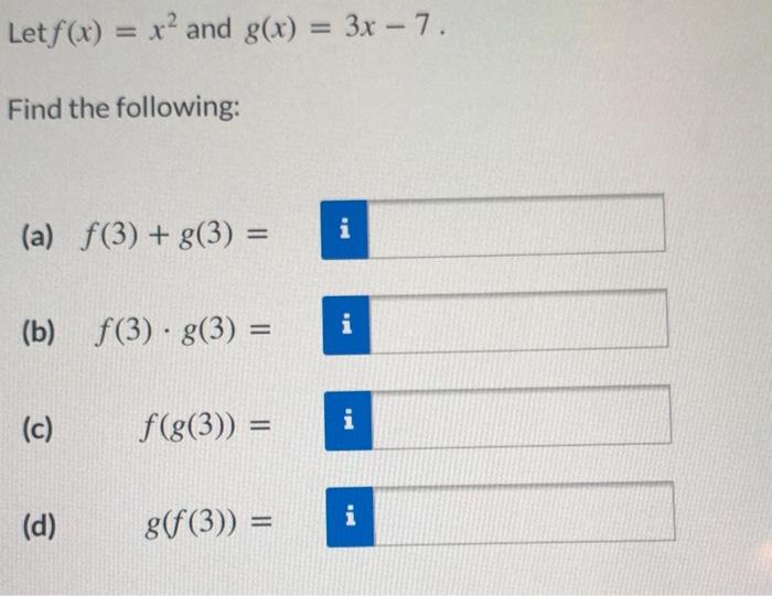 Solved Let f(x)=x2 and g(x)=3x−7 Find the following: (a) | Chegg.com