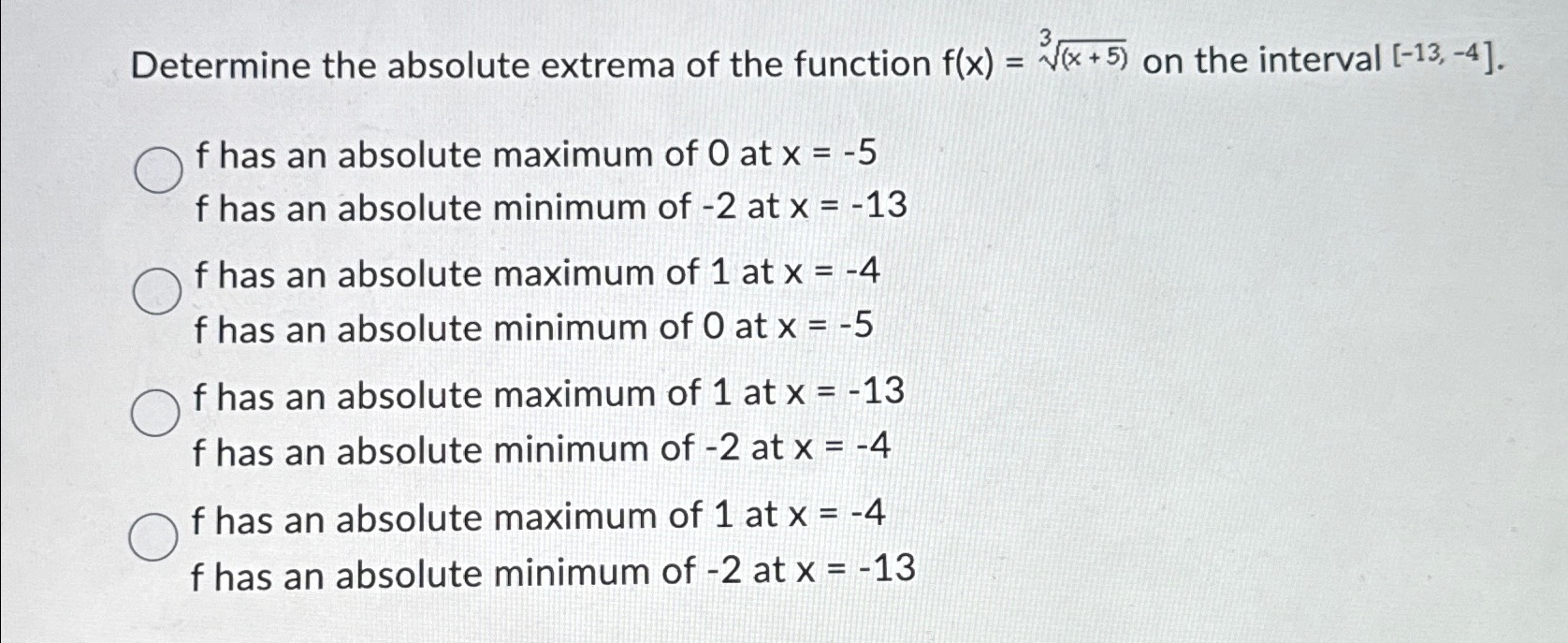 Solved Determine the absolute extrema of the function | Chegg.com