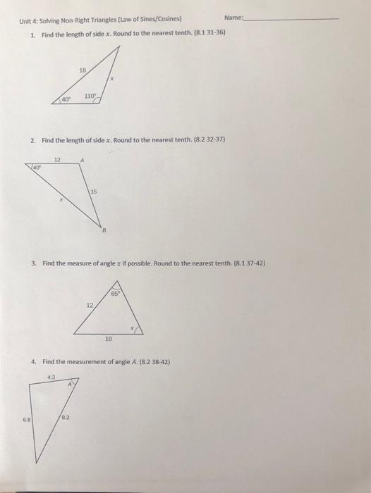 Solved Unit 4: Solving Non-Right Triangles (Law of | Chegg.com