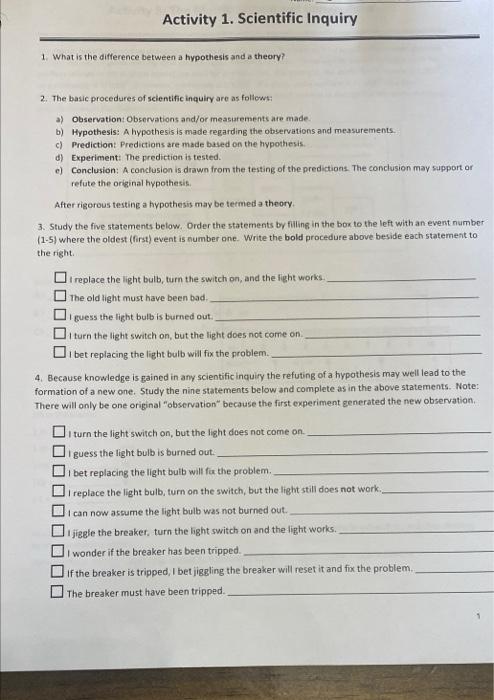 Solved Activity 1. Scientific Inquiry 1. What is the | Chegg.com