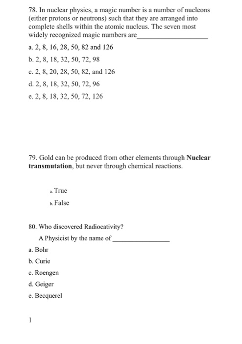 Solved 78. In nuclear physics, a magic number is a number of | Chegg.com