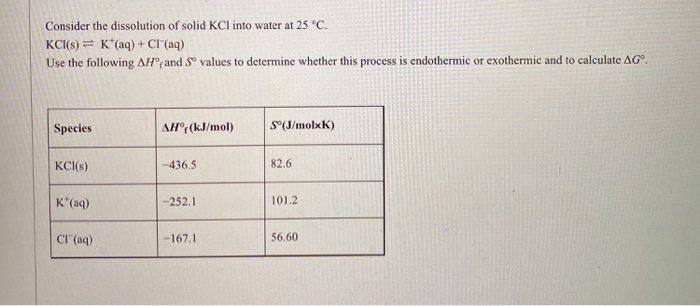 Solved Consider the dissolution of solid KCl into water at | Chegg.com