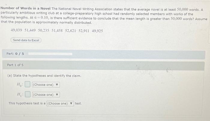 Solved Number of Words in a Novel The National Novel Writing | Chegg.com