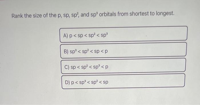 Solved Rank the size of the p, sp, sp, and sporbitals from | Chegg.com