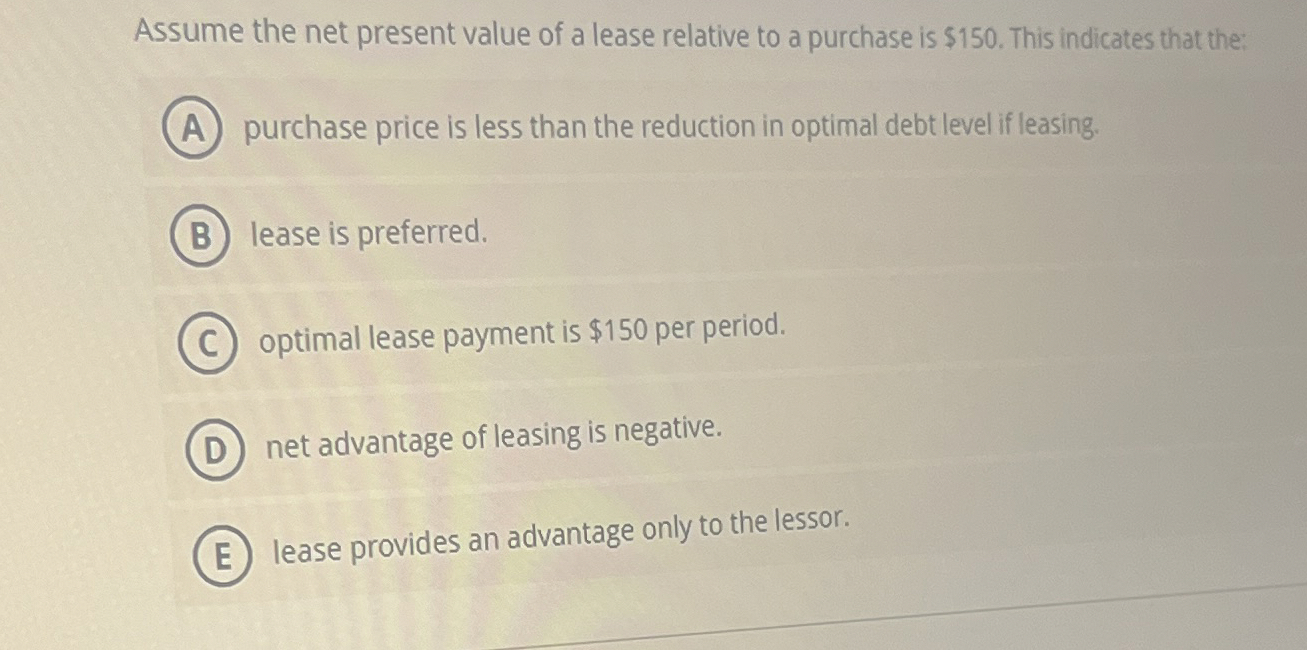 Solved Assume the net present value of a lease relative to a | Chegg.com