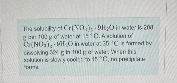 Solved . The solubility of Cr(NO3)3 - 9H2O in water is 208 g | Chegg.com