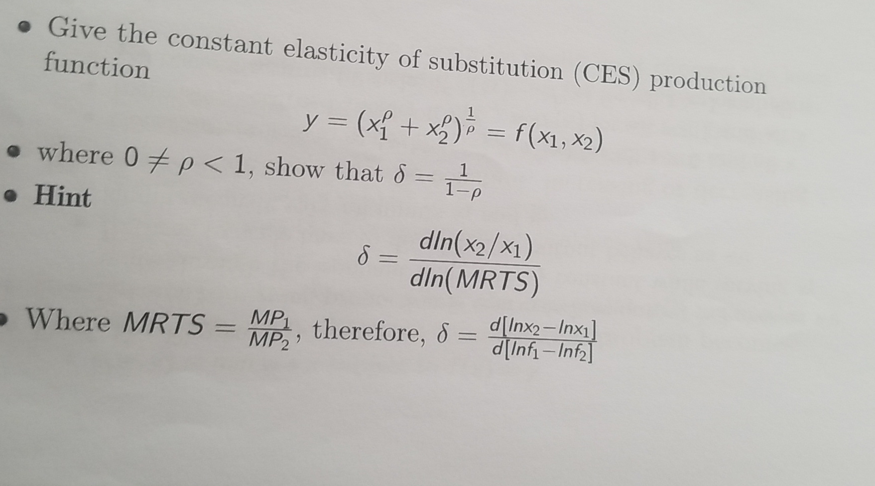 Solved Give the constant elasticity of substitution (CES) | Chegg.com