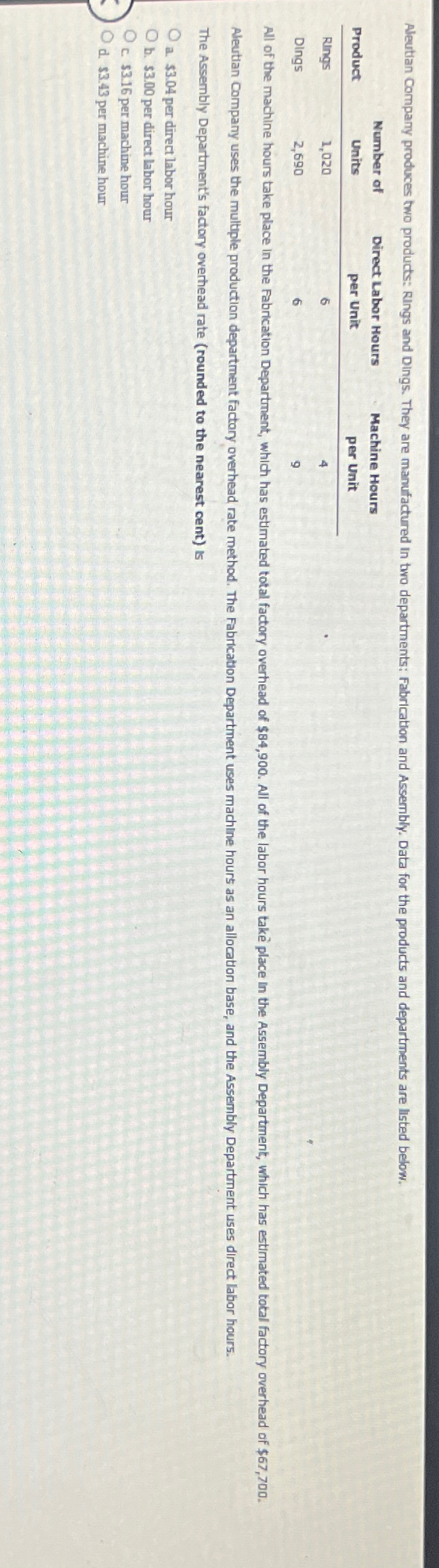 Solved \table[[,Number of,Direct Labor Hours,Machine | Chegg.com