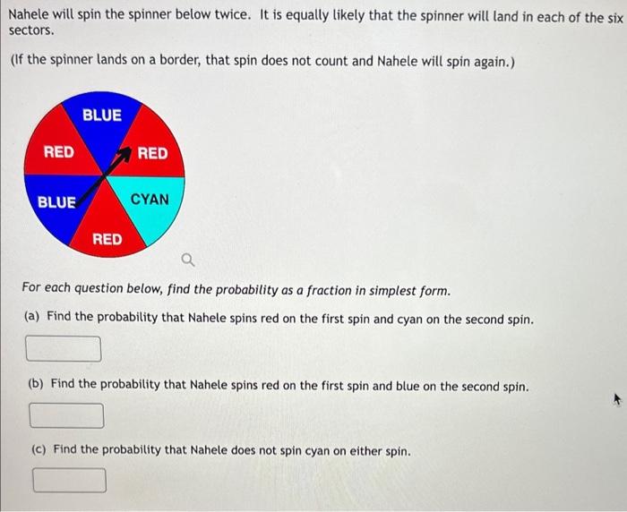 Solved Nahele will spin the spinner below twice. It is | Chegg.com