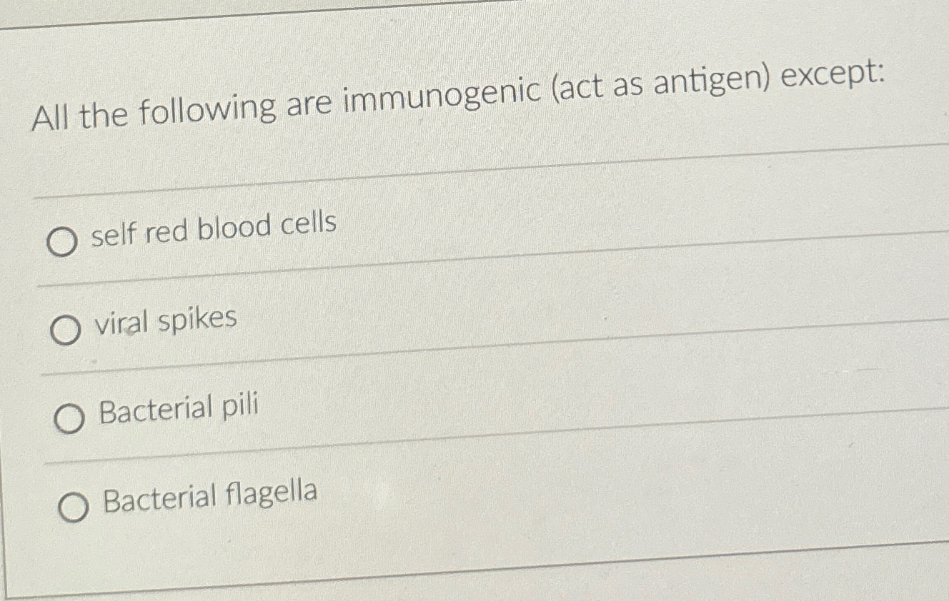 Solved All the following are immunogenic (act as antigen) | Chegg.com