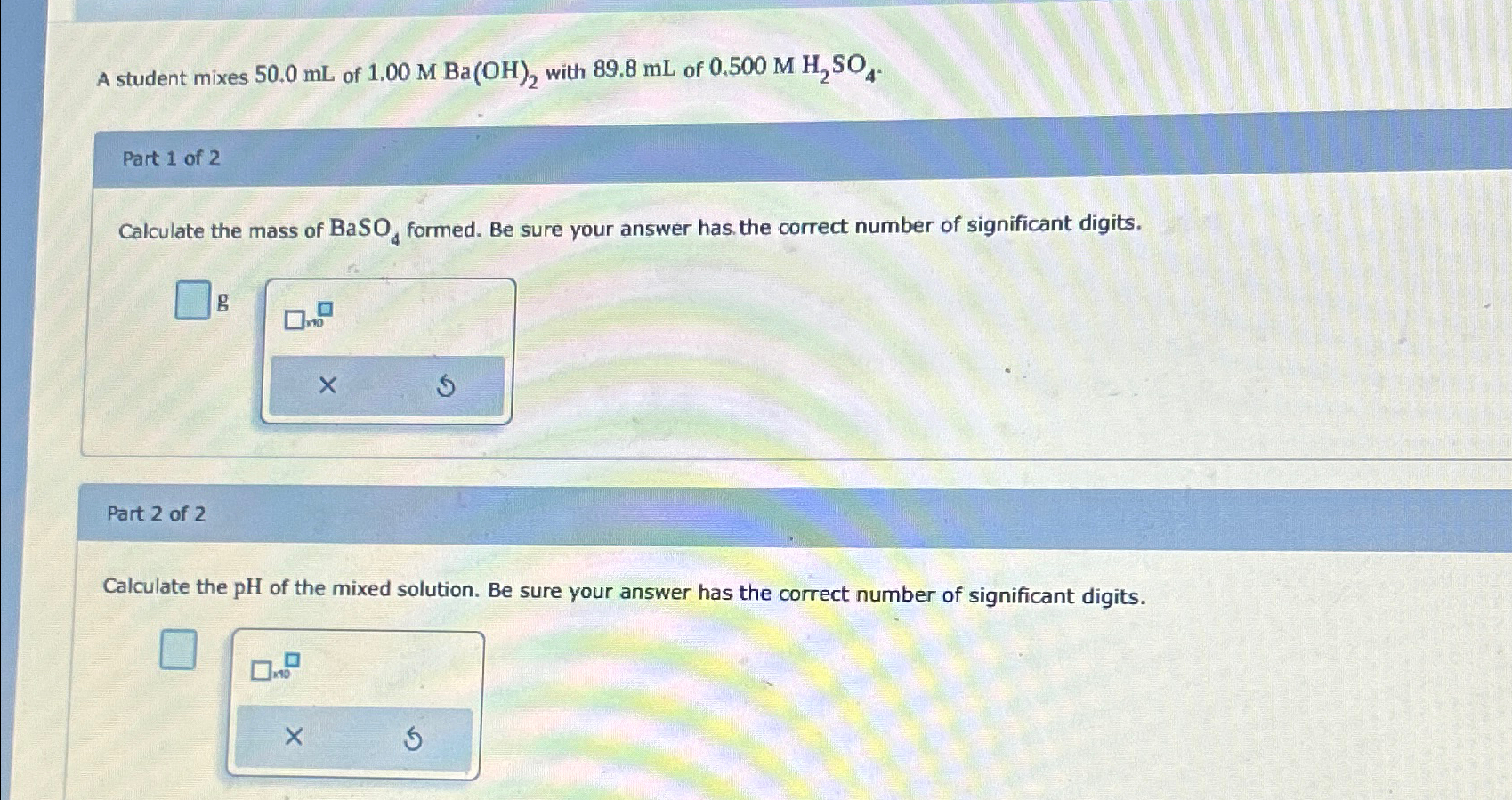 Solved A student mixes 50.0mL ﻿of 1.00MBa(OH)2 ﻿with 89.8mL | Chegg.com