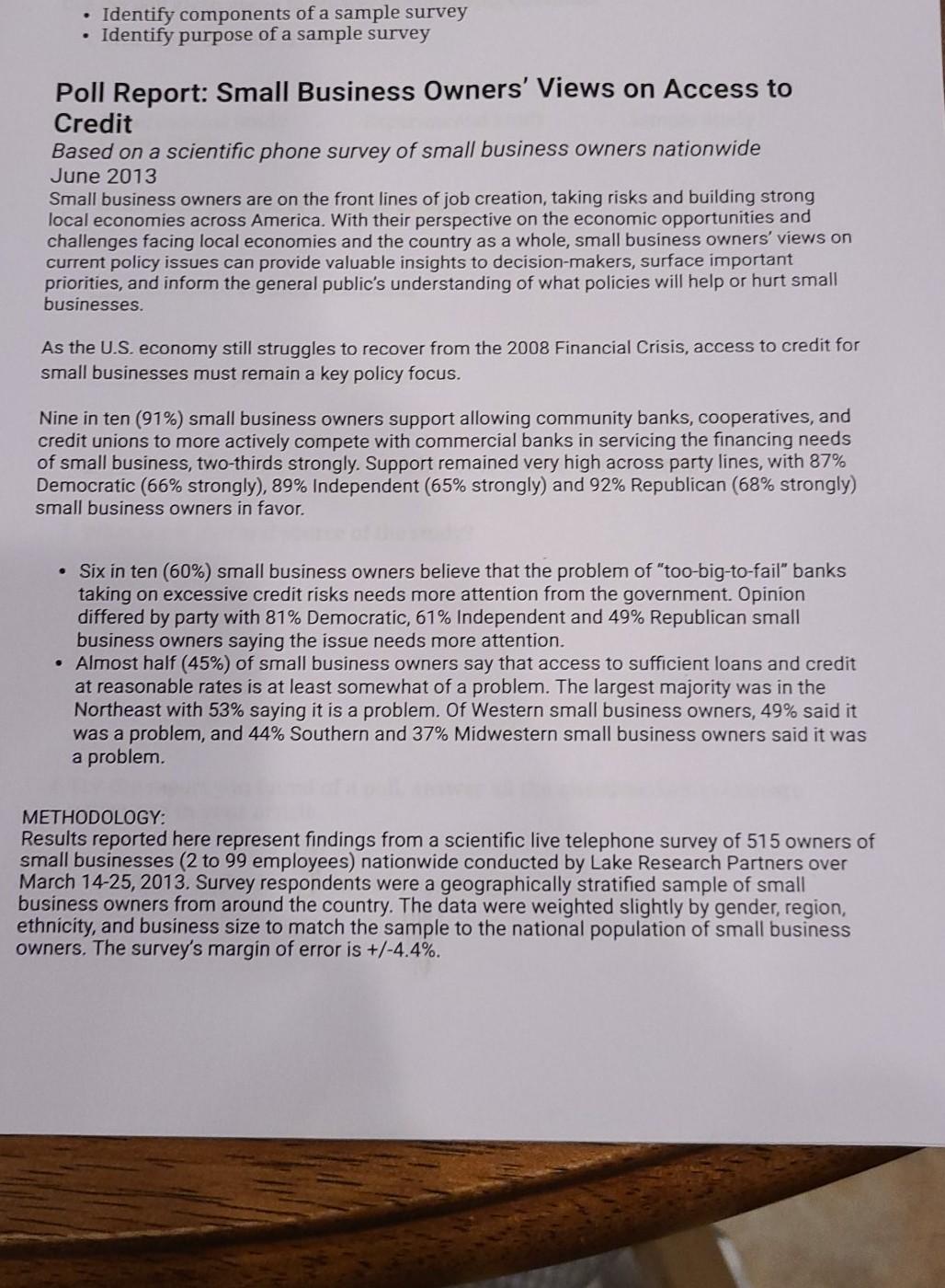 Identify components of a sample survey • Identify | Chegg.com