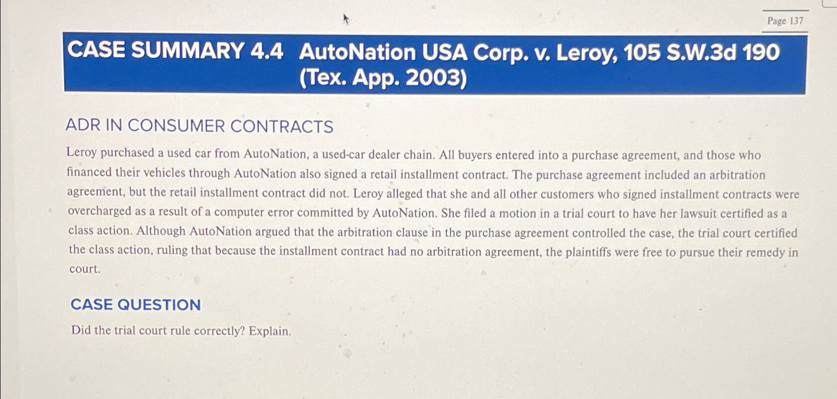Solved CASE SUMMARY 4.4 ﻿AutoNation USA Corp. v. ﻿Leroy, 105 | Chegg.com