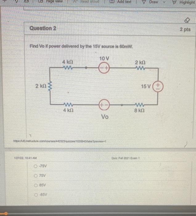 Solved Find Vo if power delivered by the 15 V source is 60 | Chegg.com