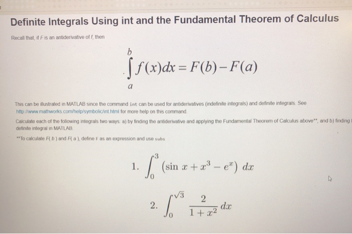 Solved Definite Integrals Using int and the Fundamental | Chegg.com
